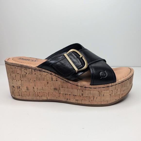 Born | Shoes | Born Devona Black Leather Platform Sandals Cork Wedge ...